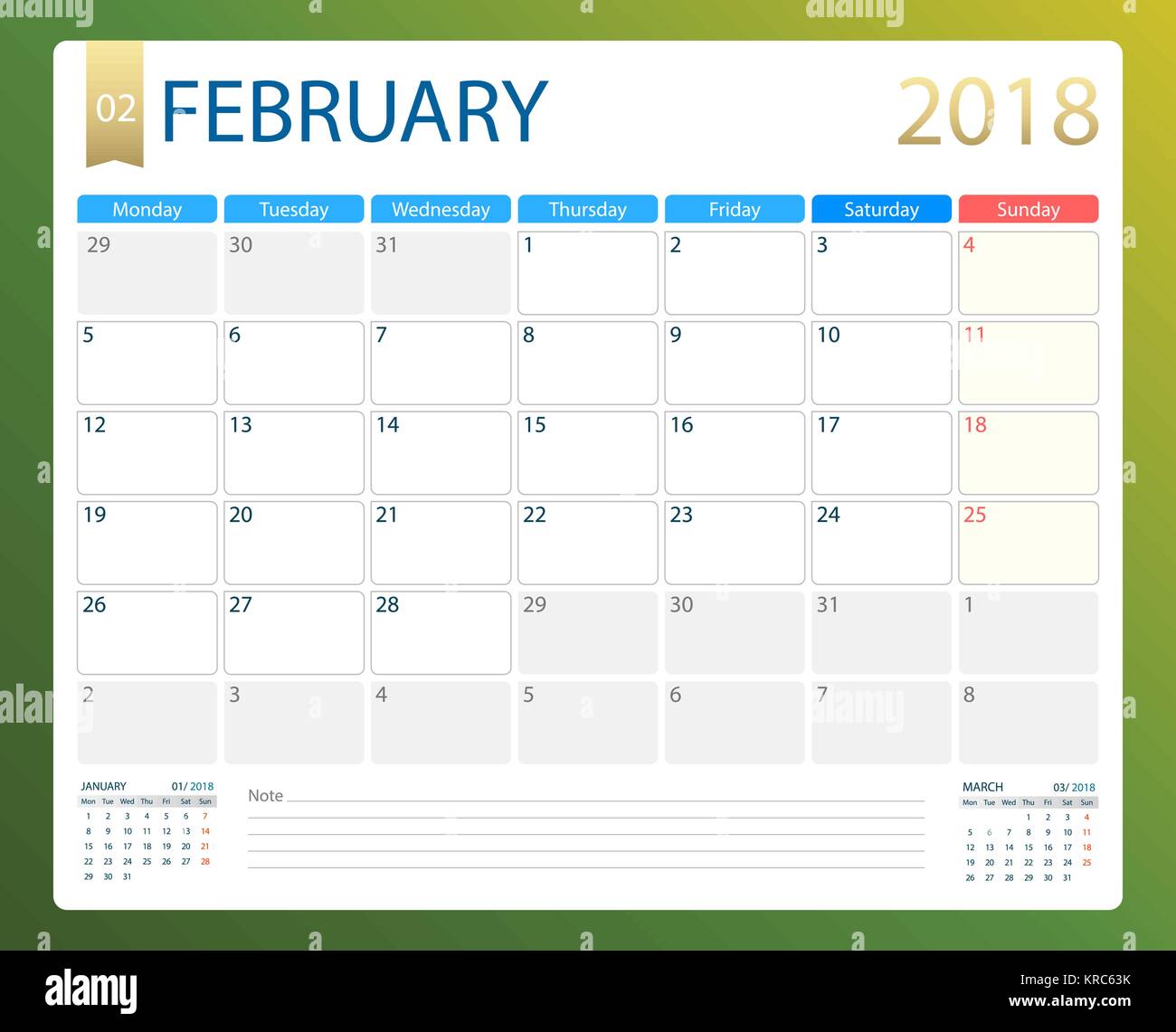FEBRUARY 2018, illustration vector calendar or desk planner, weeks ...