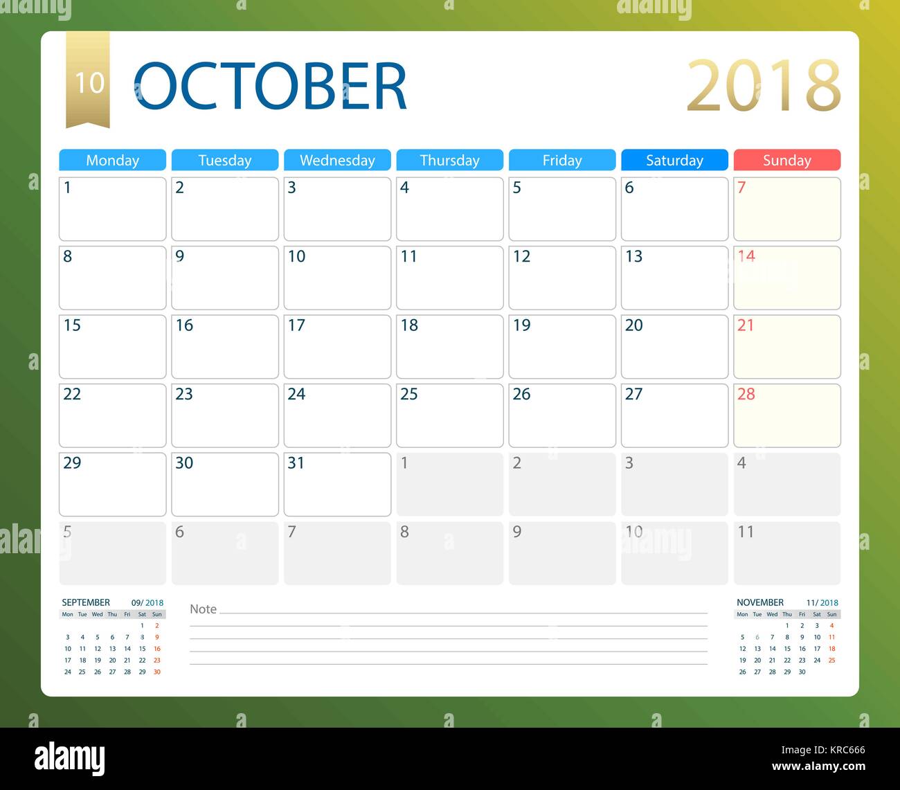 OCTOBER 2018, illustration vector calendar or desk planner, weeks start ...