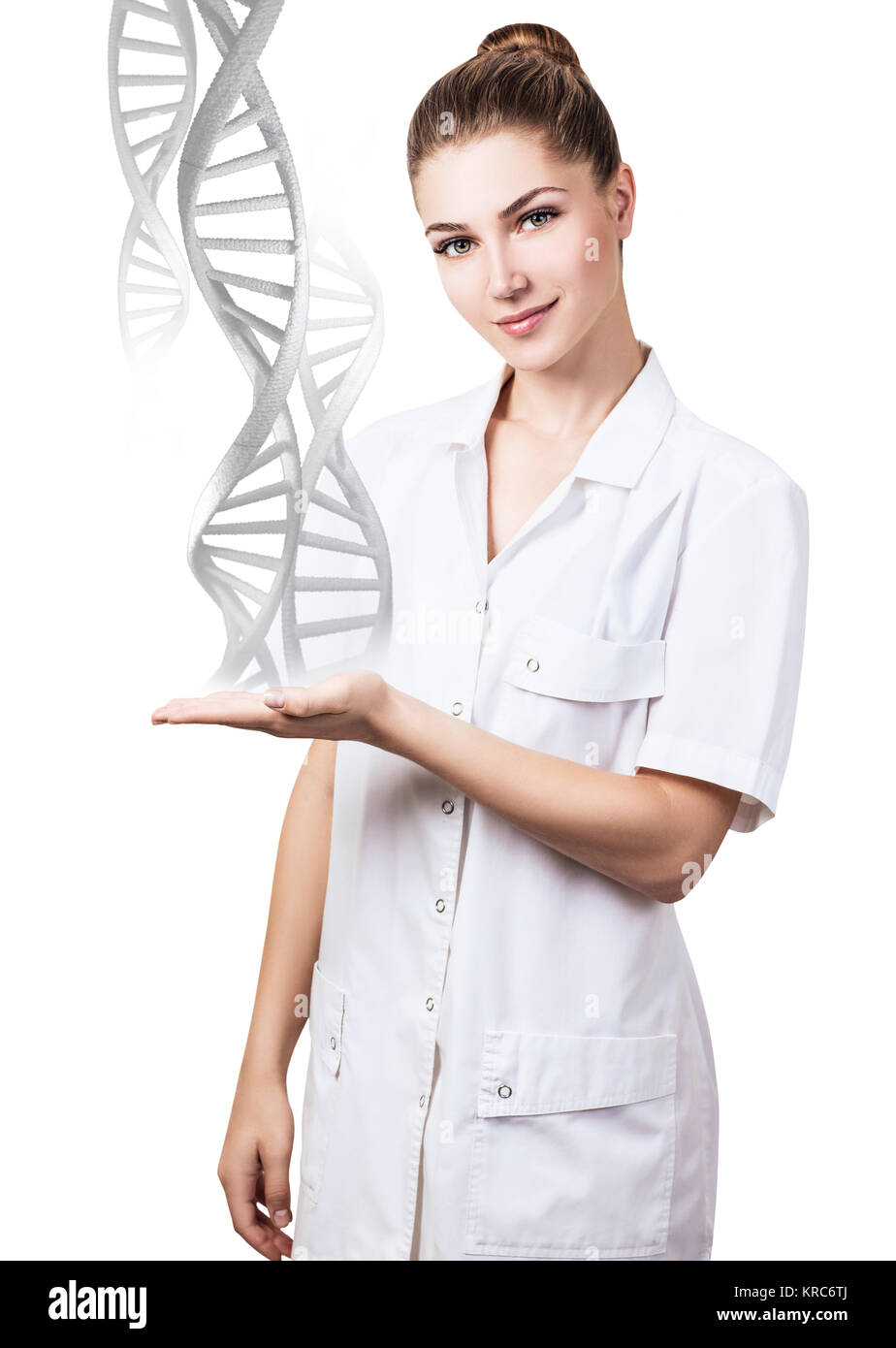 DNA molecules flows from hand of young female doctor isolated on white ...