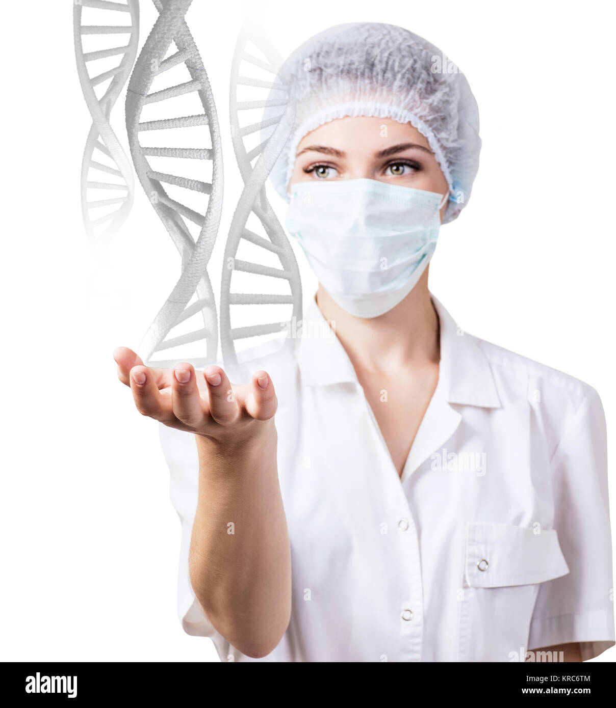 DNA molecules flows from hand of young female doctor isolated on white ...