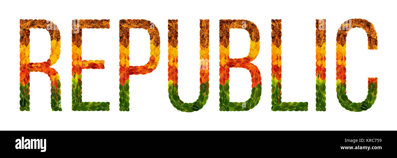 word republic country is written with leaves on a white insulated ...