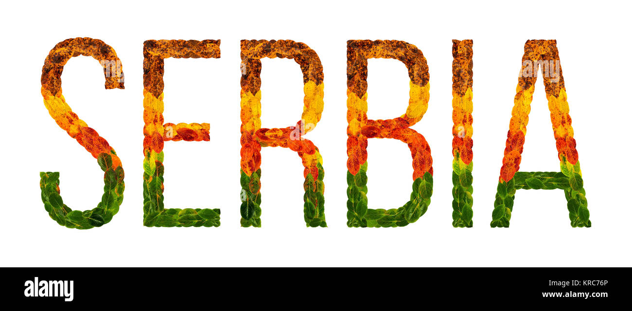 word serbia country is written with leaves on a white insulated ...