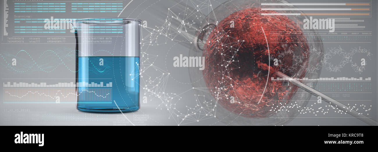 Computer graphic image of sperm injection against genes diagram on ...
