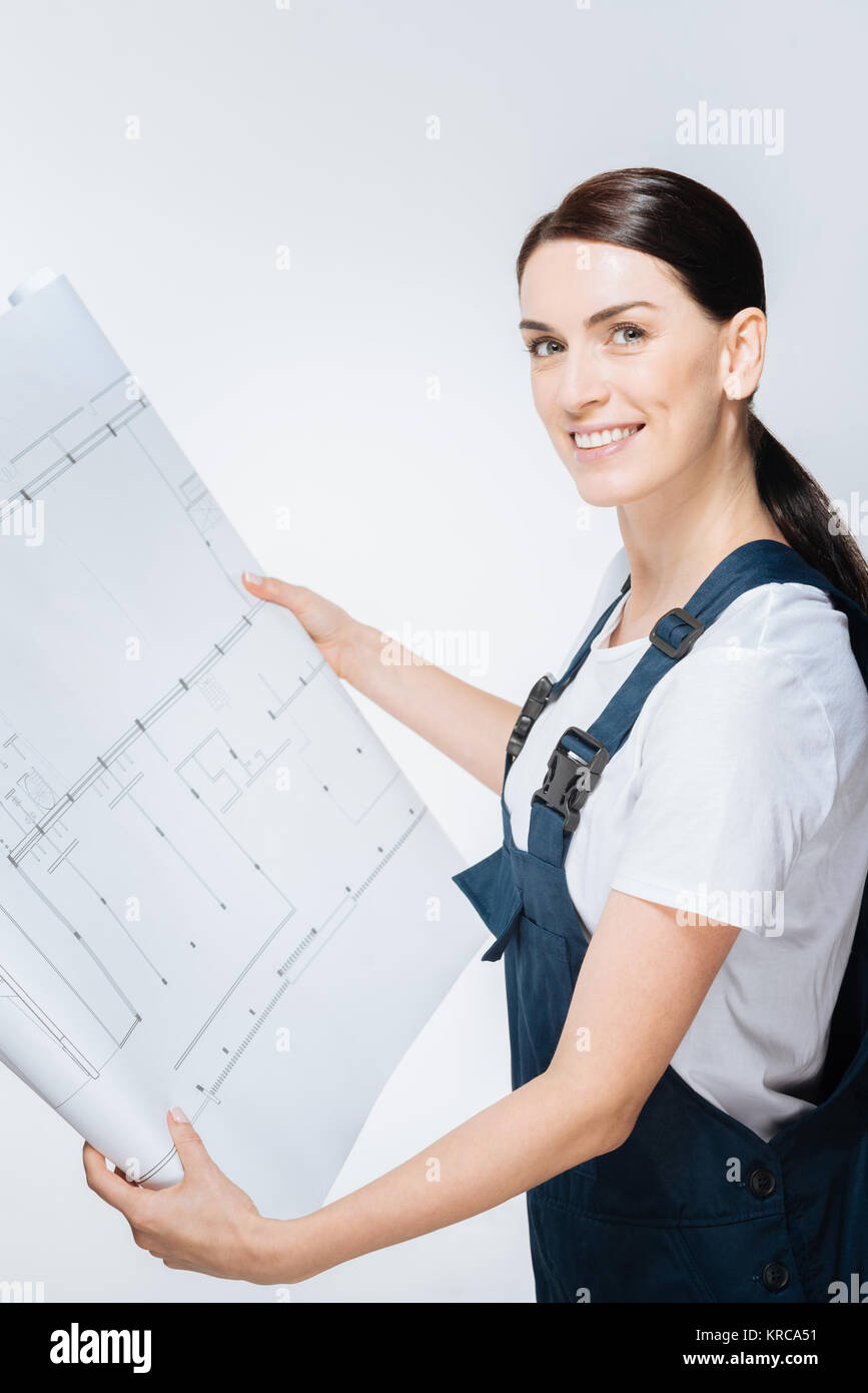 Optimistic female architect scrutinizing plan Stock Photo - Alamy