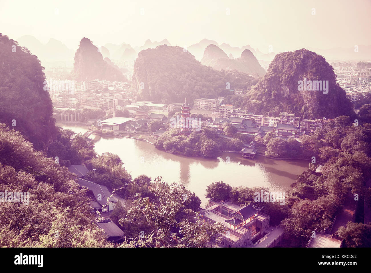 Guilin city surrounded by Karst formations, color toned picture, China ...