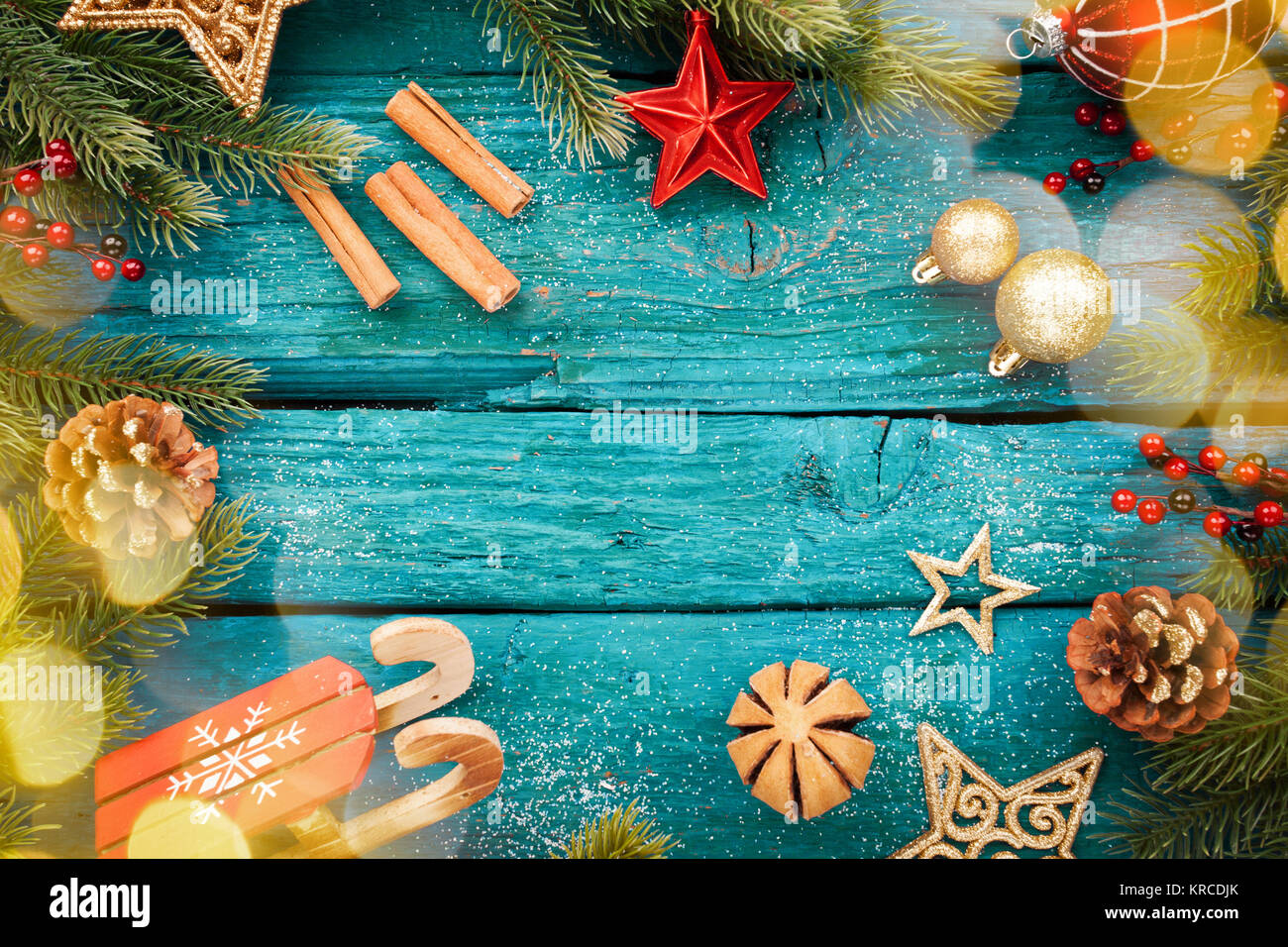 Christmas border with decoration on a wooden board Stock Photo - Alamy
