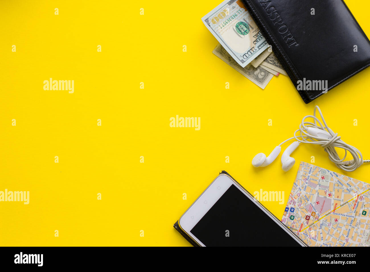 Vacation plans. Bright yellow one-color background with tourist's ...