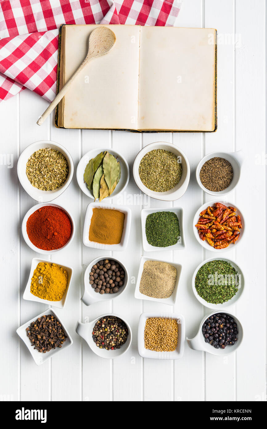 Blank cookbook and various spices Stock Photo - Alamy
