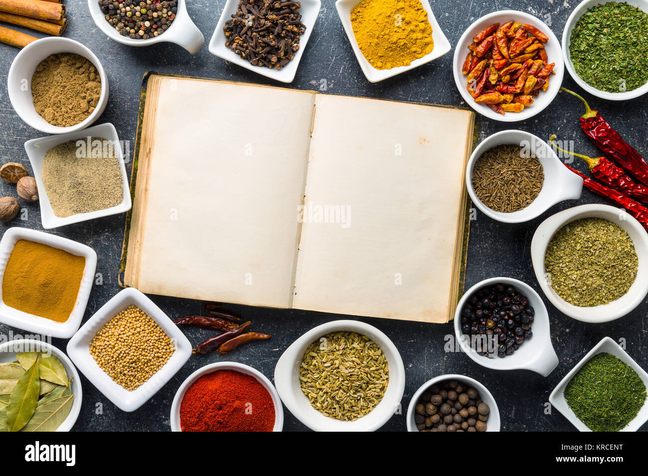 Blank cookbook and various spices Stock Photo - Alamy