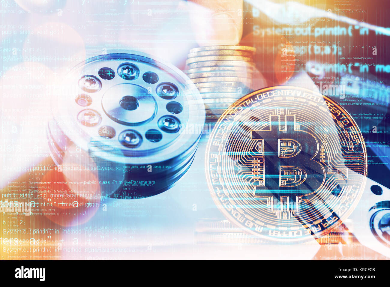 Computers and Bitcoin cryptocurrency, blockchain technology and ...