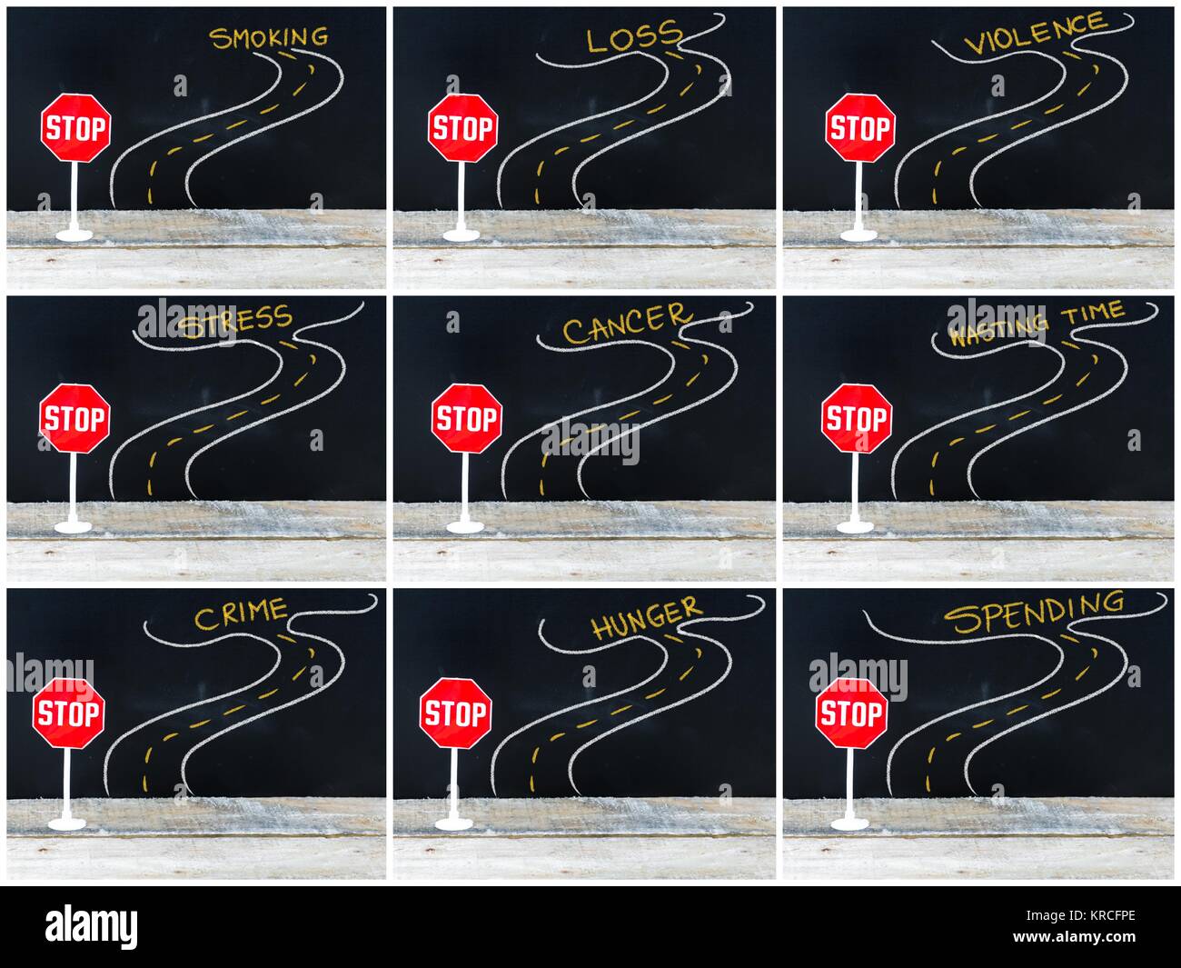 Mini STOP sign on the road, hand drawing over chalkboard Stock Photo ...
