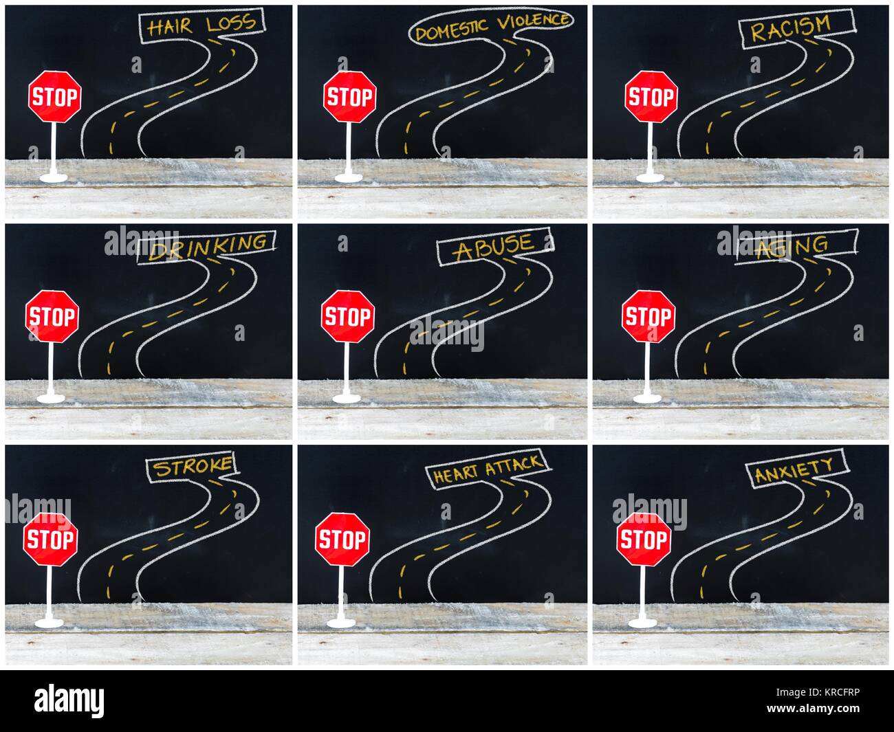 Mini STOP sign on the road, hand drawing over chalkboard Stock Photo ...