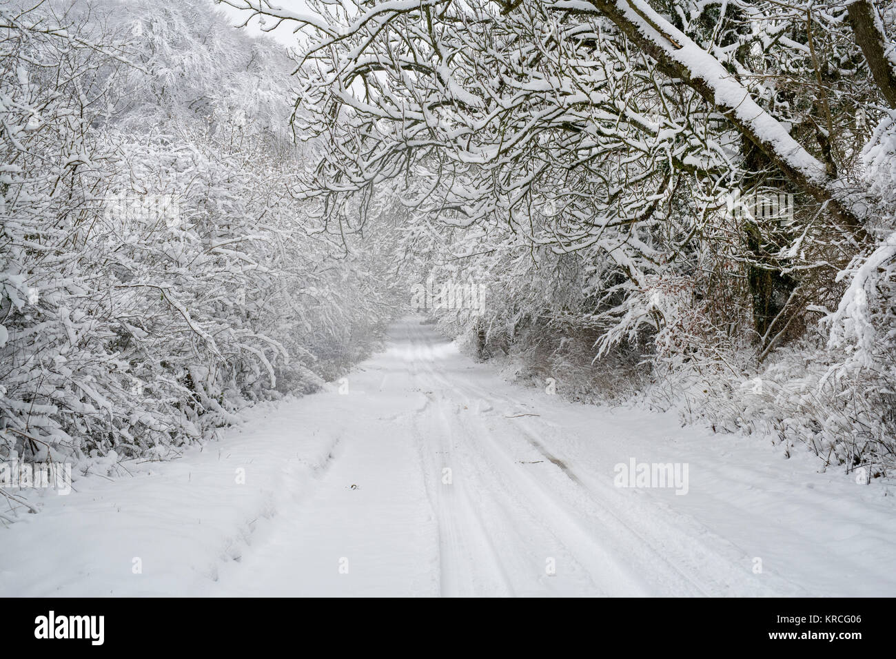 Snow covered country road near Snowshill village in December. Snowshill ...