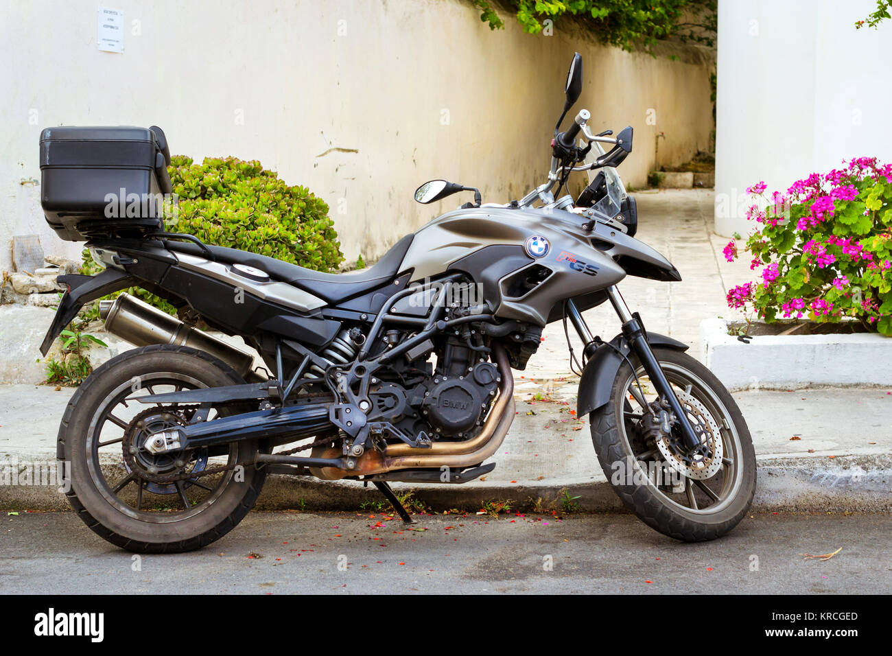 Rethymno, Greece - May 3, 2016: Sport motorbike BMW parked on narrow ...