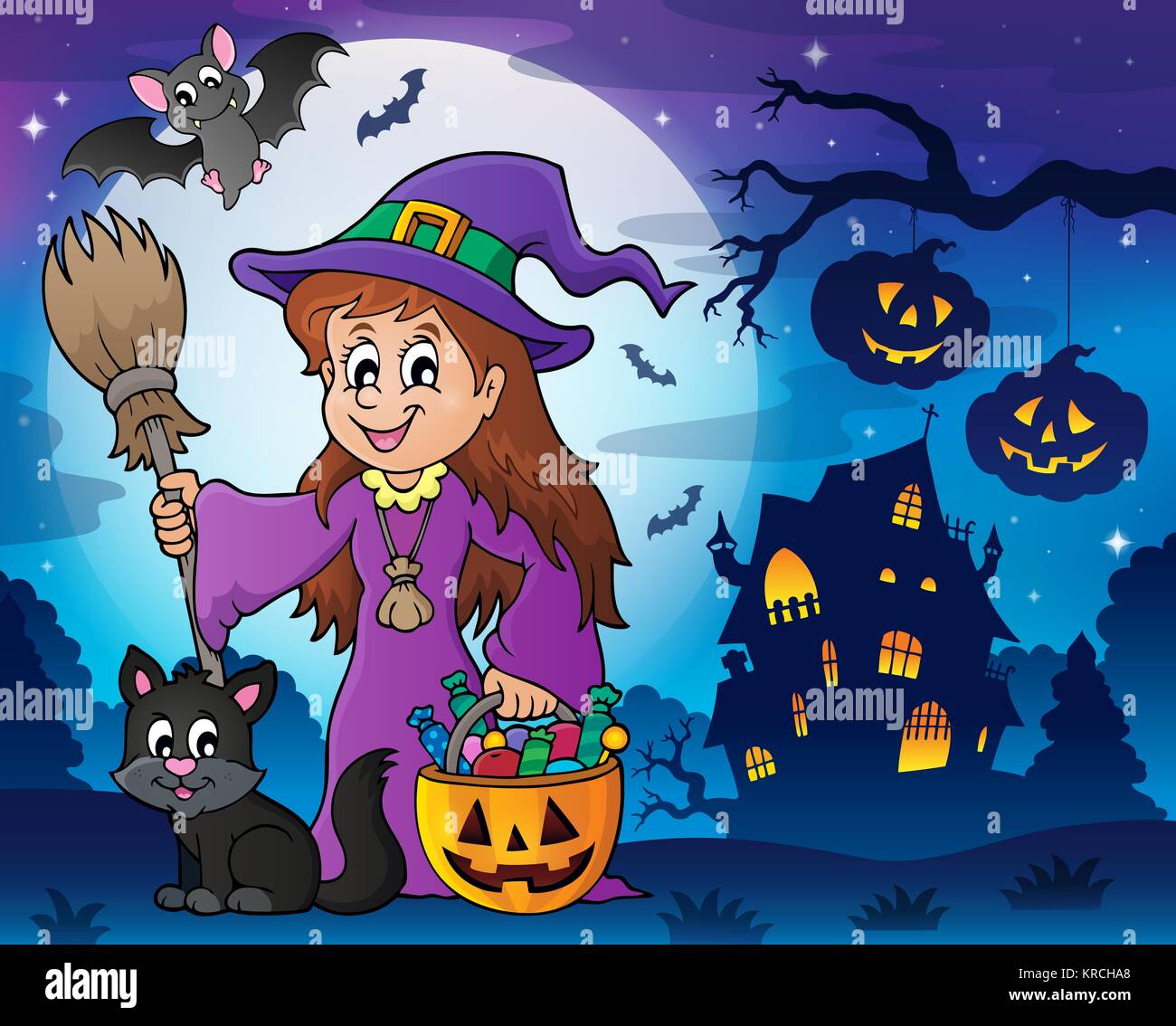 Cute witch and cat in Halloween scenery Stock Photo - Alamy