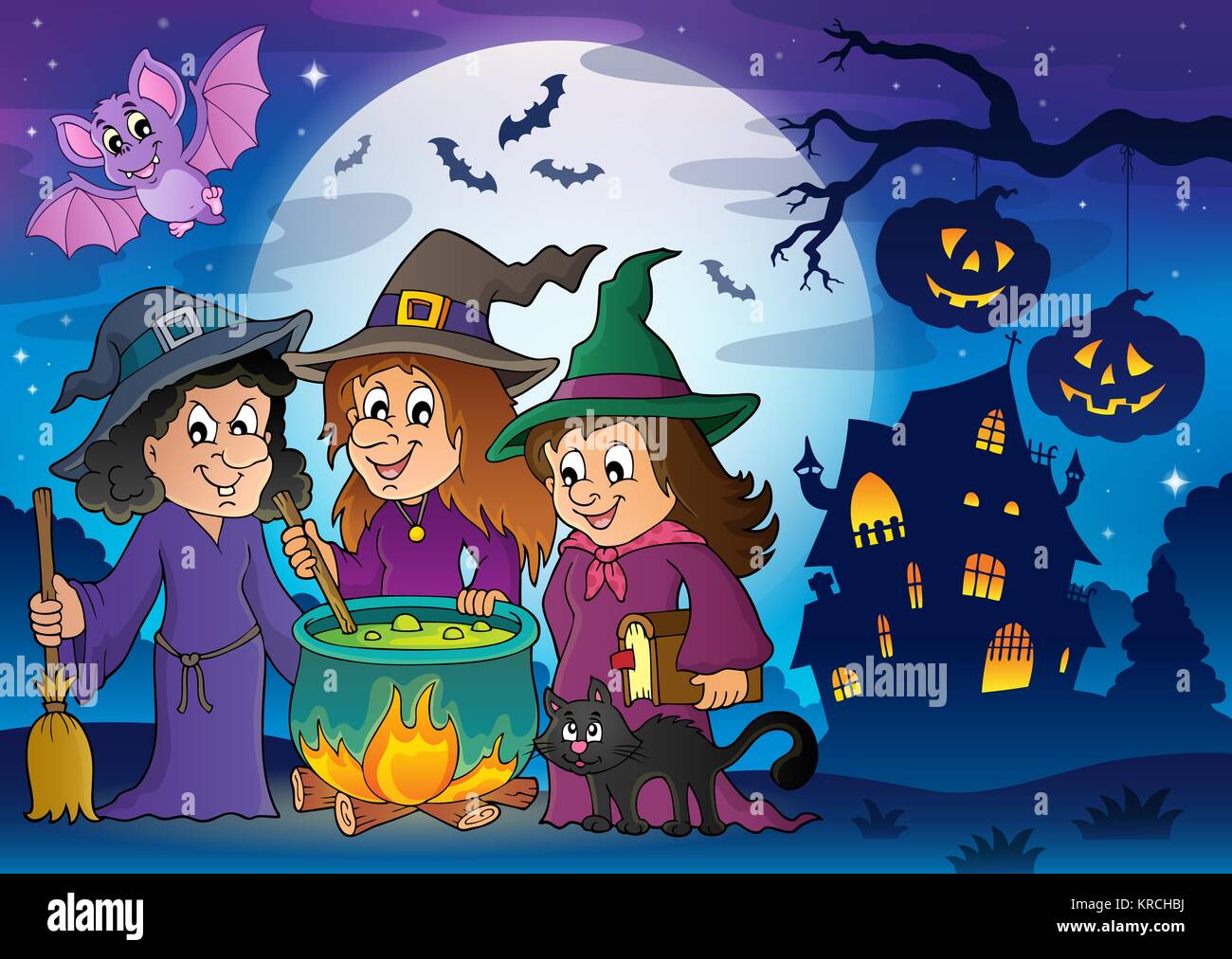 Three witches broomstick hi-res stock photography and images - Alamy