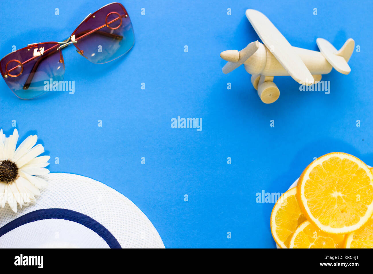 Travel and tourism concept. Blue one-color background with a frame of ...