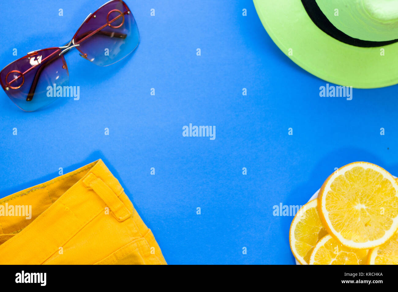 Travel and tourism concept. Blue one-color background with a frame of ...