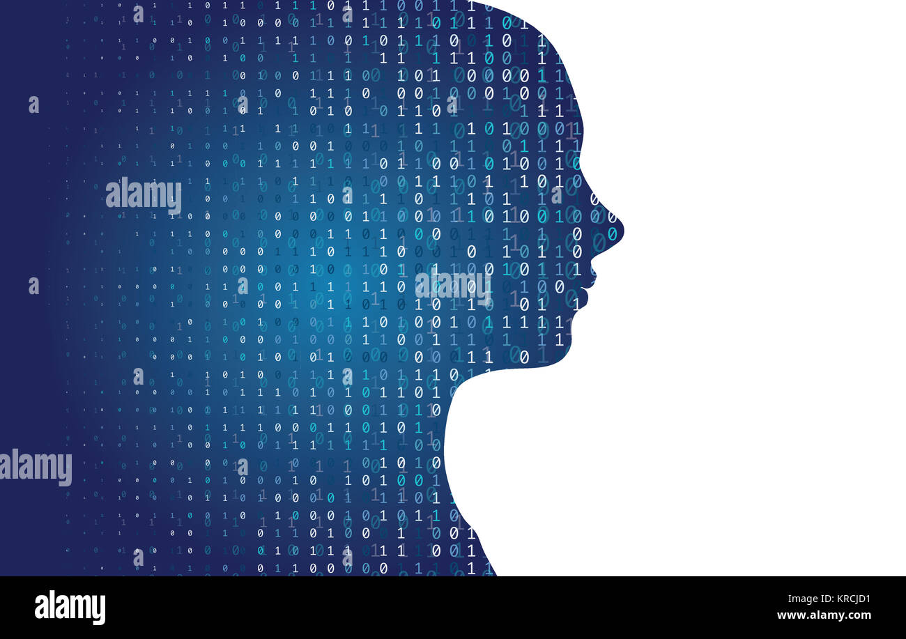 Human head silhouette with binary code data. 3D Rendering Stock Photo ...