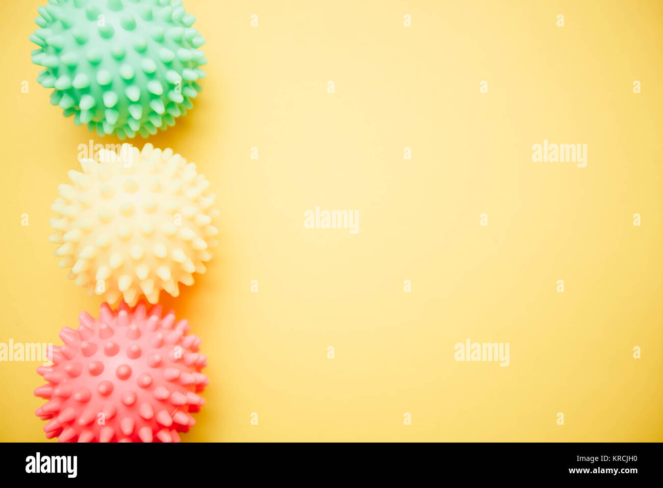 Pets having fun.Colored rubber squaky ball toys for pets on a bright ...