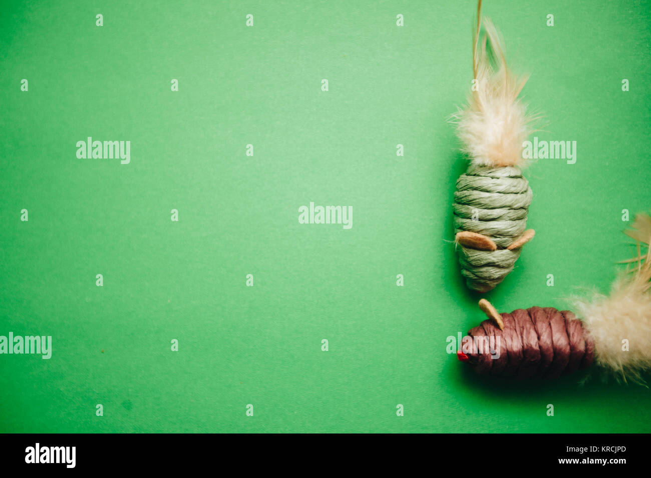 Green one-color background with two cute toy mice for cats, close up ...