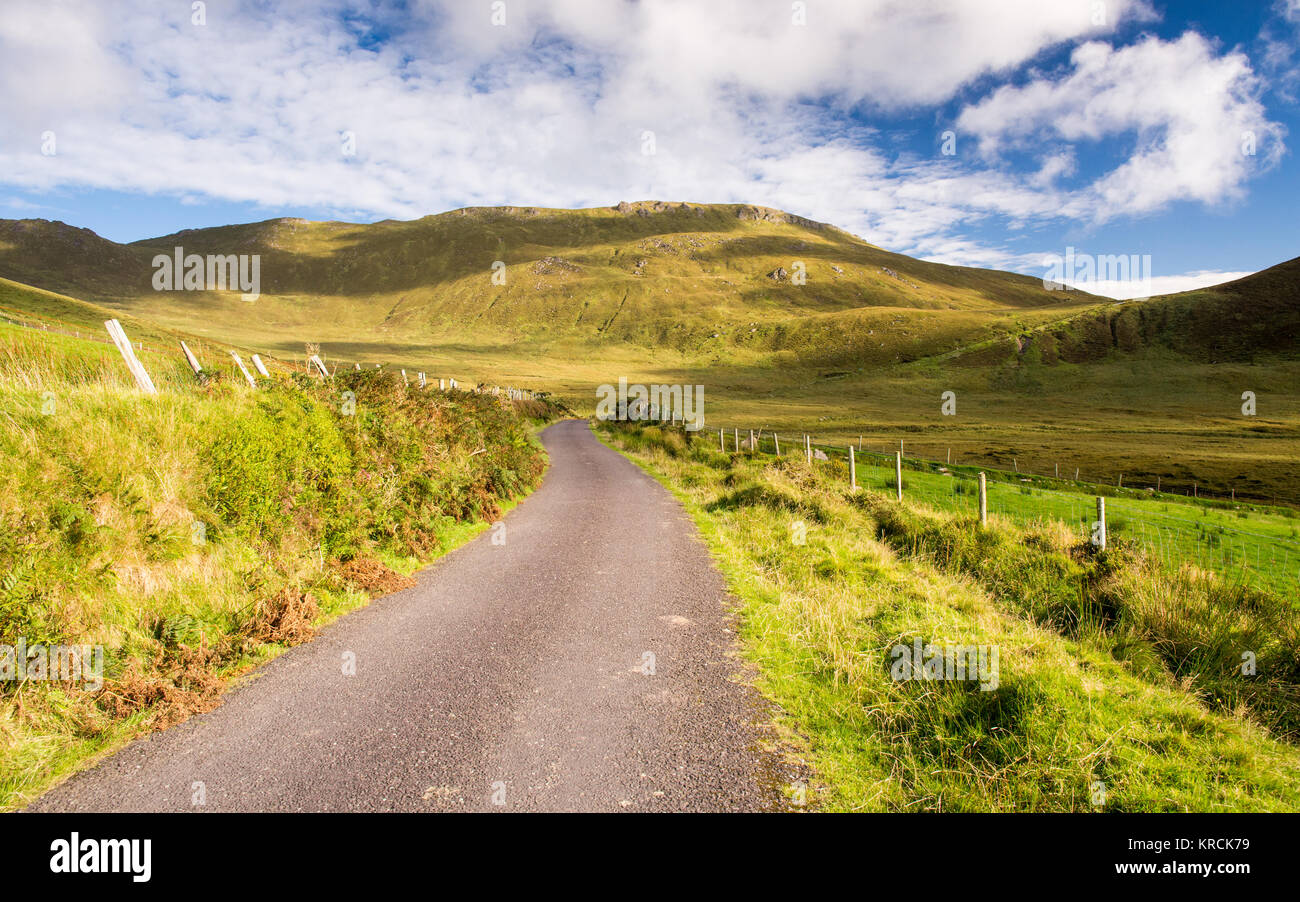 A narrow mountain pass road climbs the slopes of Caherconree, through ...