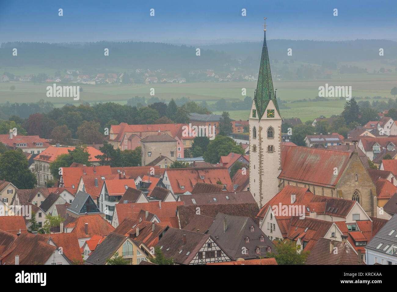 Bird's-eye view from a little village in the country with church Stock ...