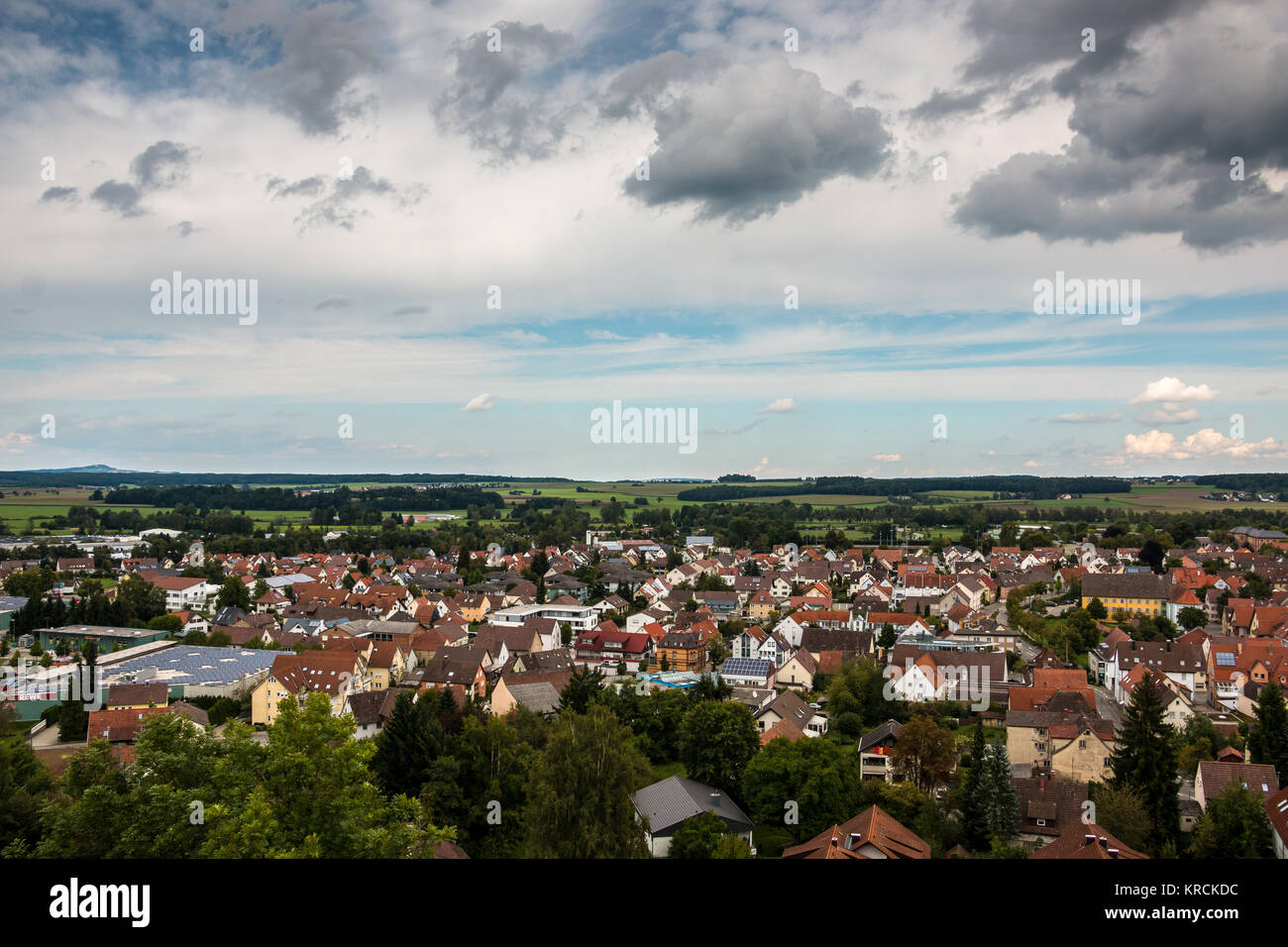 Bird's-eye view from a little village in the country with church Stock ...