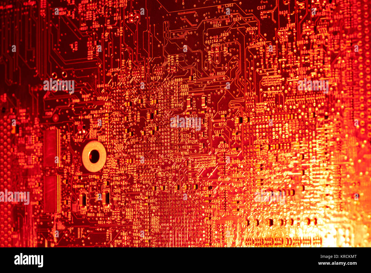 full frame red illuminated printed circuit board closeup Stock Photo ...