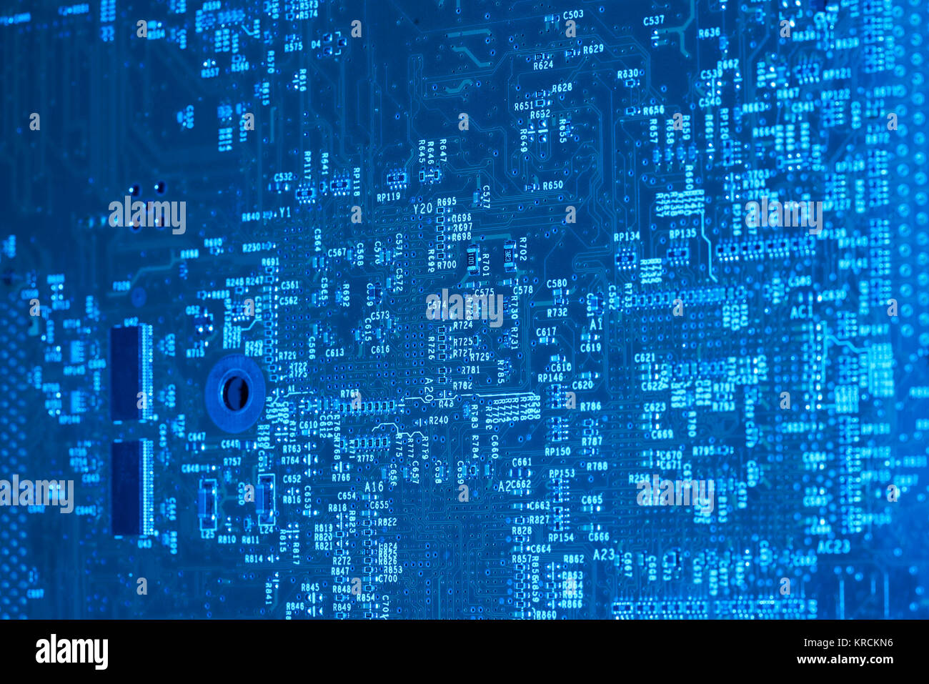 full frame blue illuminated printed circuit board closeup Stock Photo ...