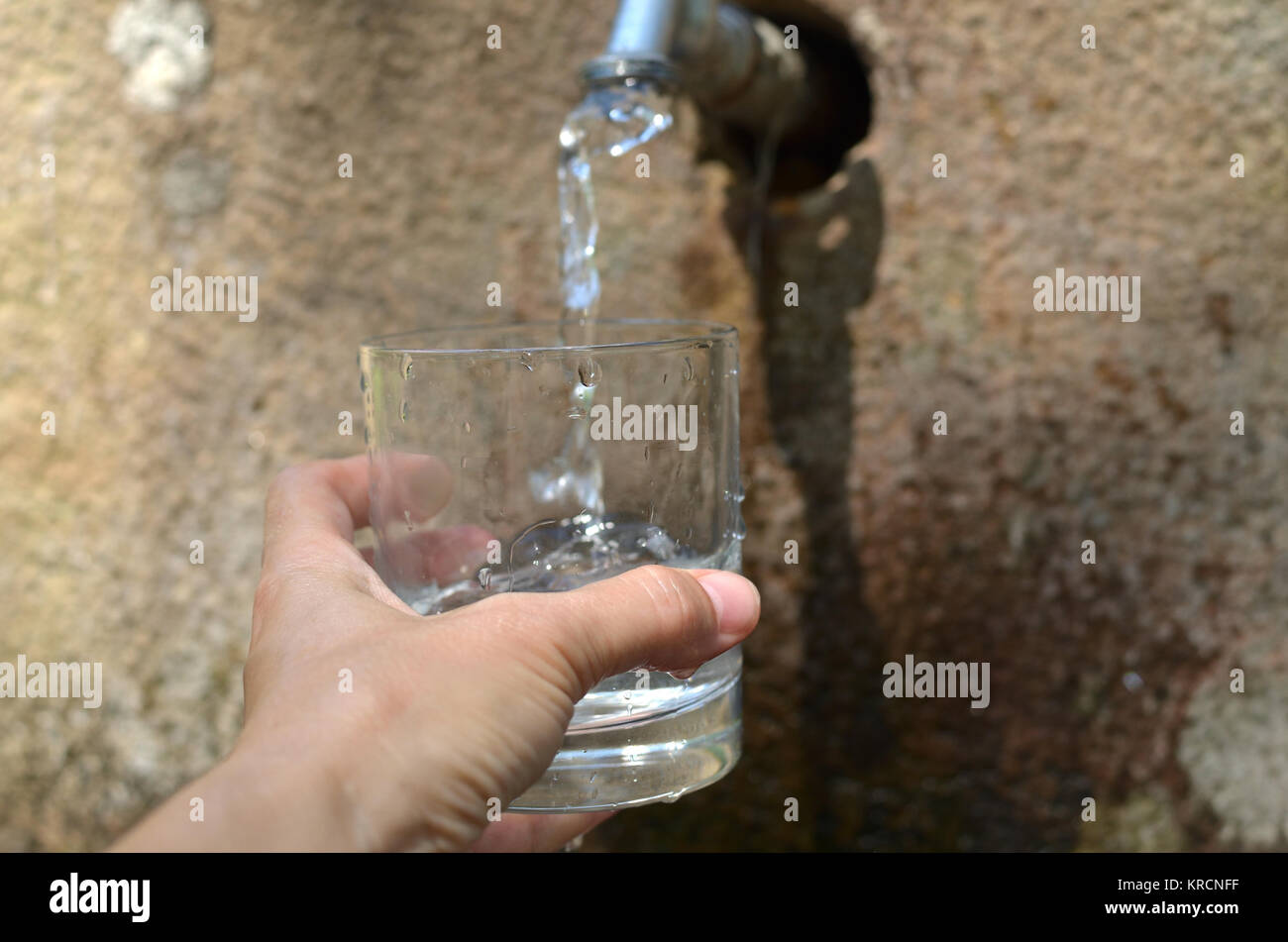 Filling up a glass of unpolluted mineral water from a spa water ...