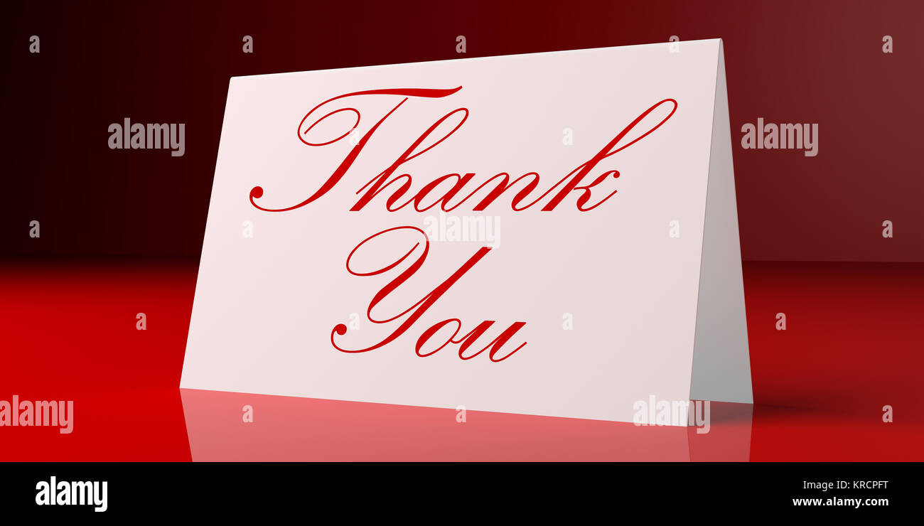 Hand written vintage text Thank you on white card, isolated on red ...