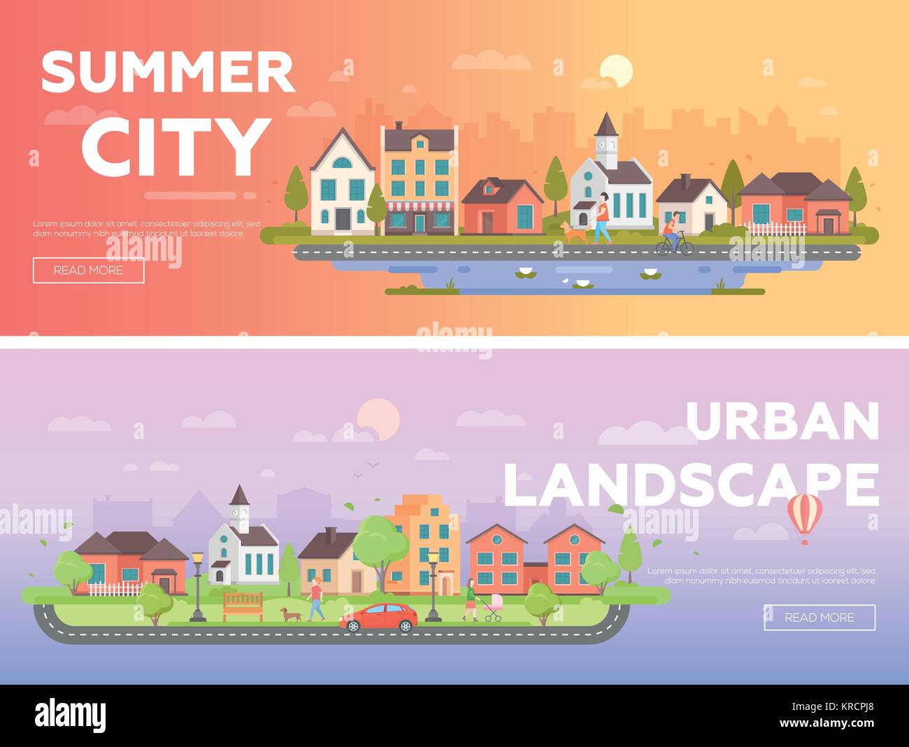 Summer city, urban landscape - set of modern flat vector illustrations ...