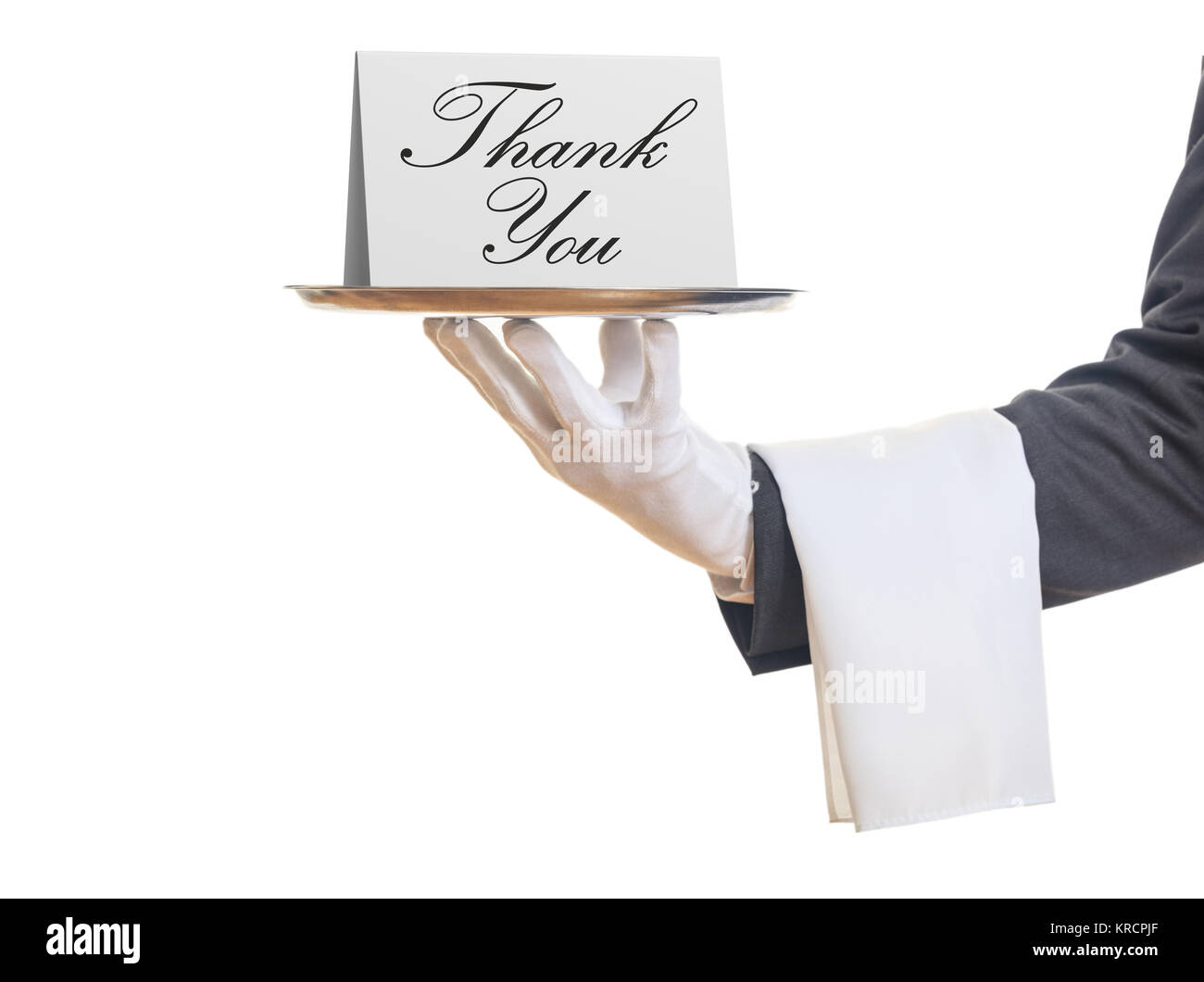 Thank you concept. Waiter offering a tray with a Thank you card Stock ...