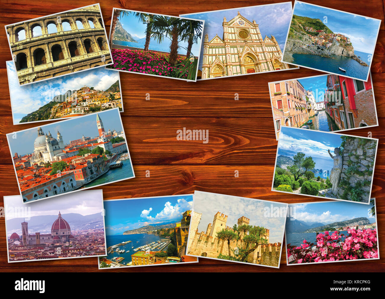Collage from photos of Italy on wooden background Stock Photo - Alamy