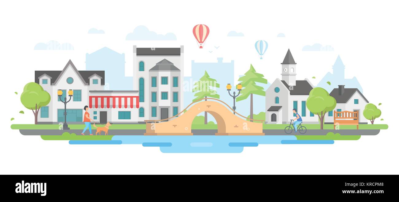 Cityscape with a bridge - modern flat design style vector illustration ...