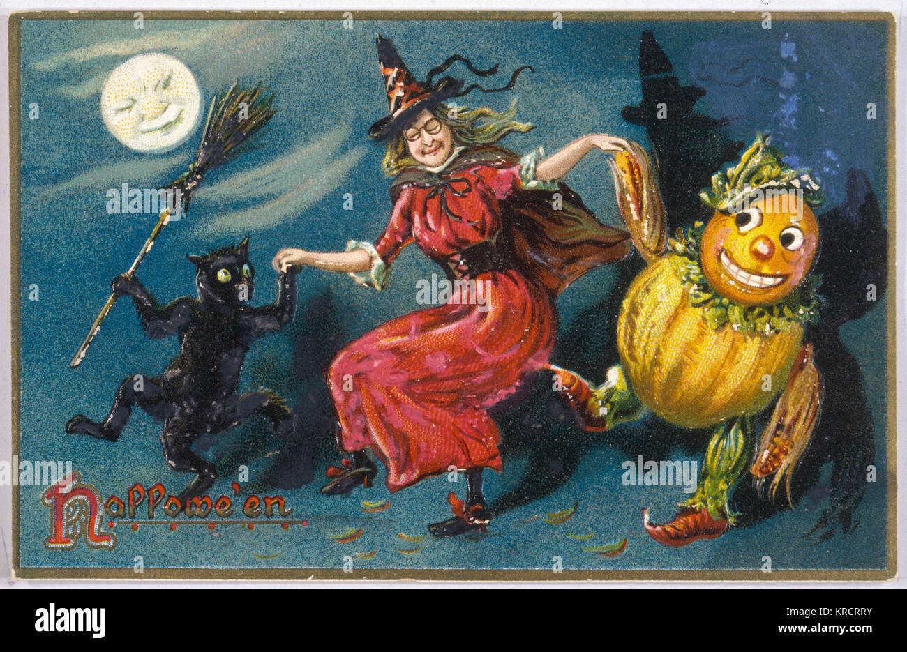 Halloween: witch, cat and pumpkin dance together Stock Photo - Alamy