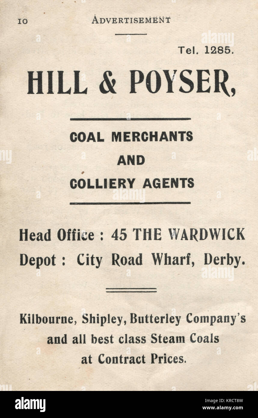 Advertisement for Hill & Poyser, coal merchants, Derby Stock Photo - Alamy