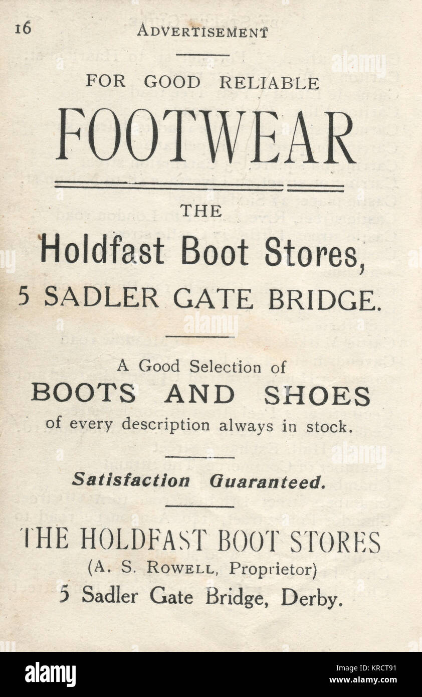 Advertisement for Holdfast Boot Stores, Derby Stock Photo - Alamy