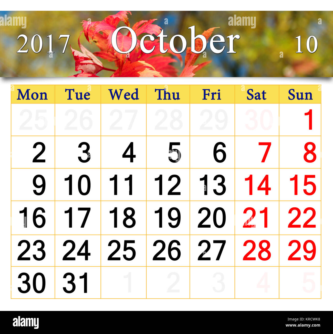 calendar for October 2017 with red autumn leaves Stock Photo - Alamy