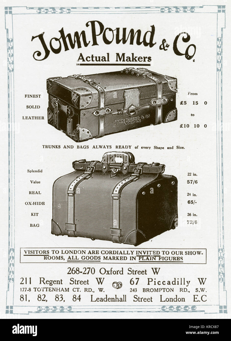 Advert for John Pound & Co travel trunks 1912 Stock Photo - Alamy