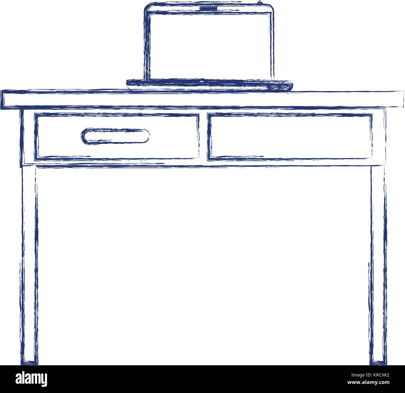 desk table with drawers and laptop computer above in front view in dark ...
