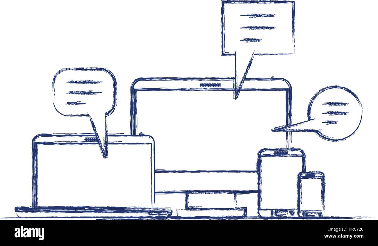 tech devices and dialogue speech in dark blue blurred silhouette Stock ...