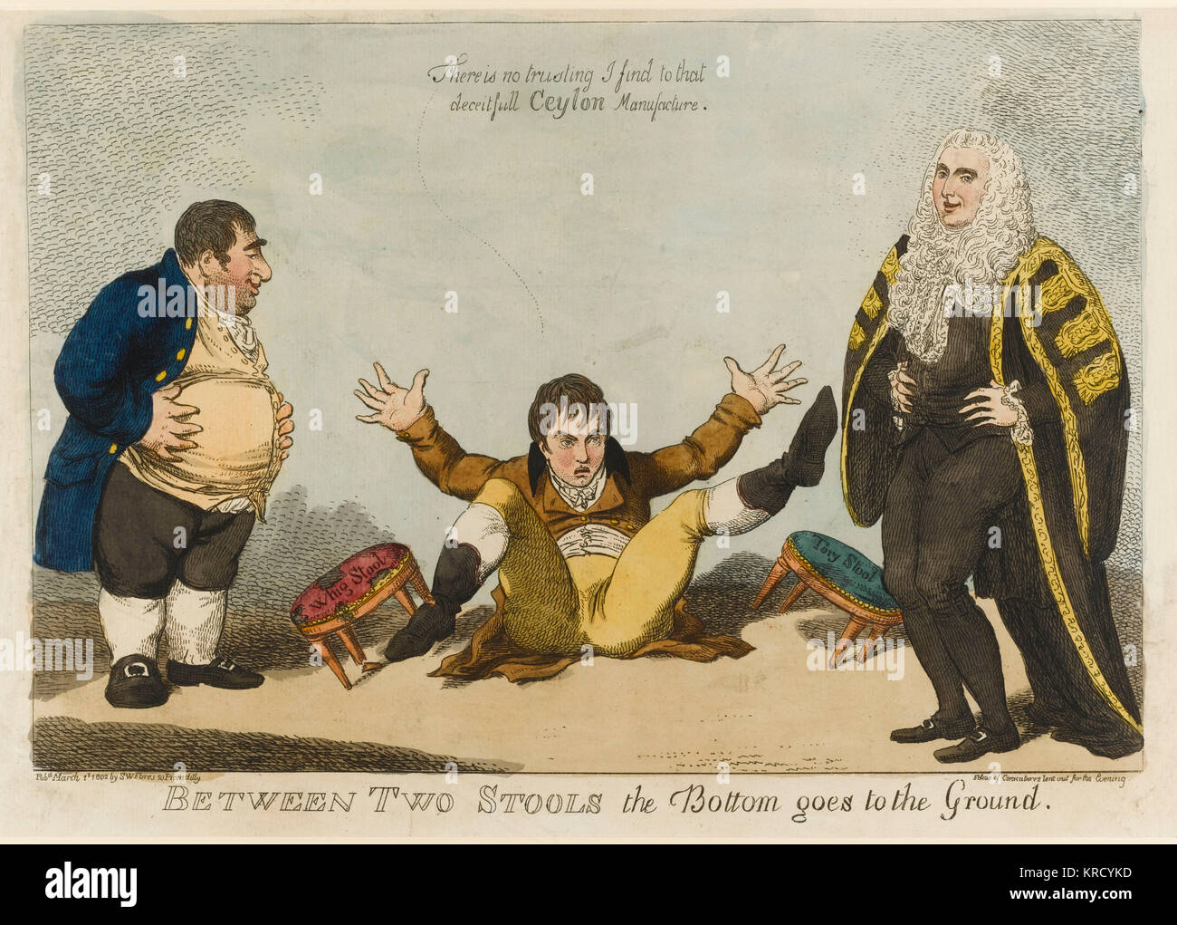 Satirical cartoon, Between two stools Stock Photo - Alamy