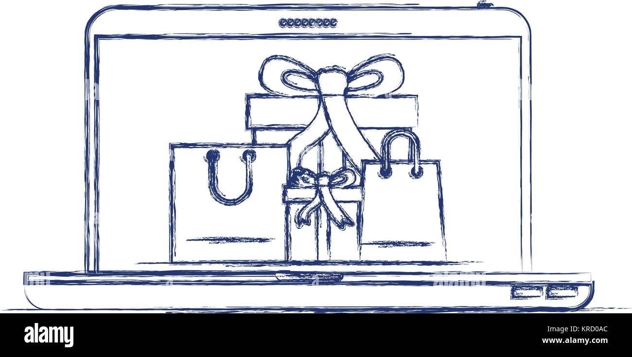 laptop computer front view with gift boxes and shopping bags in screen ...