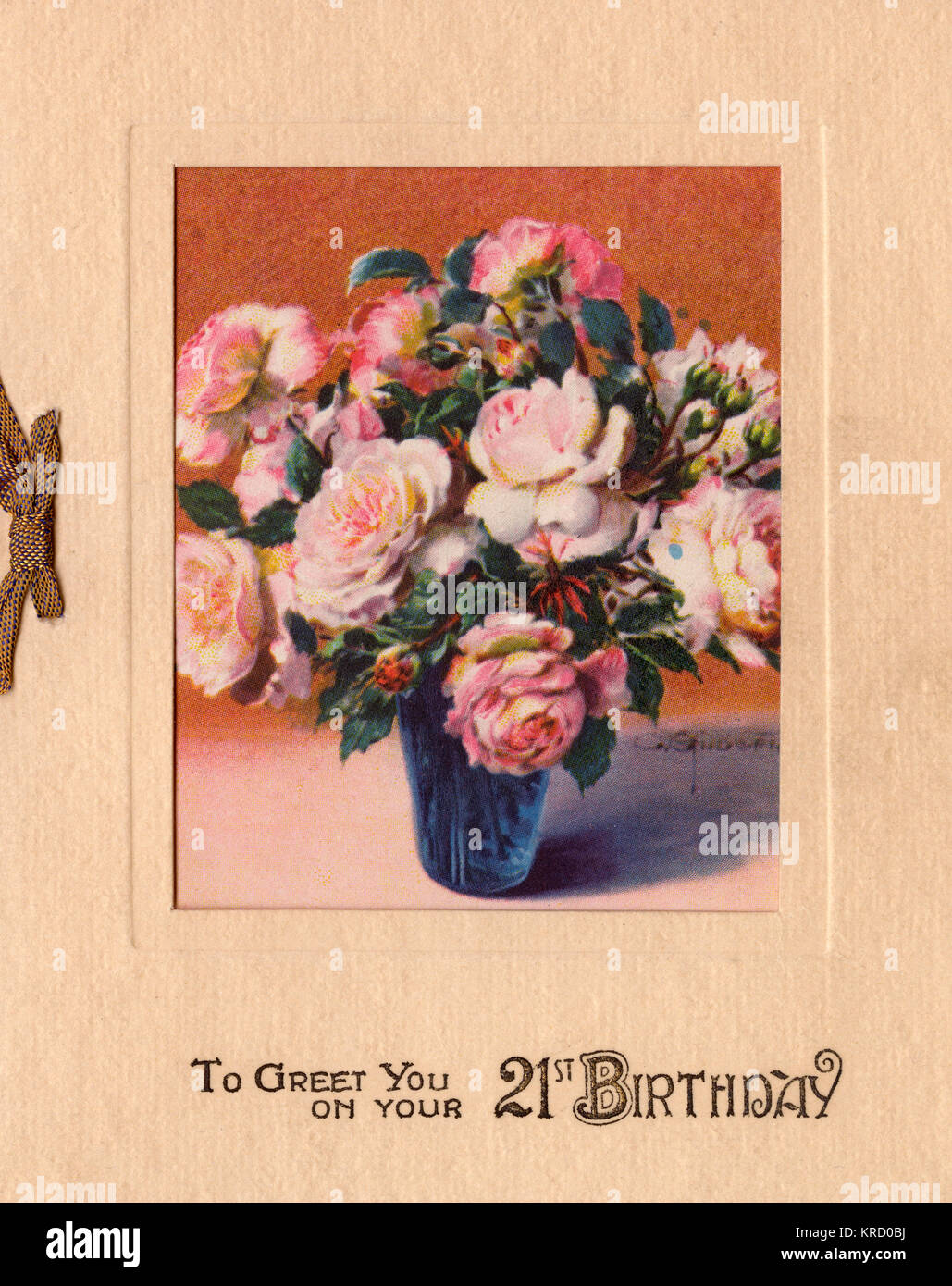 21st birthday card with vase of pink roses Stock Photo - Alamy
