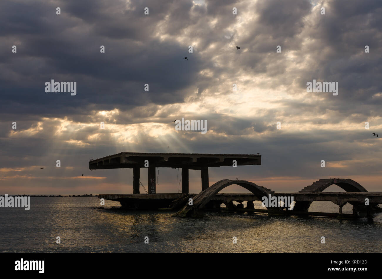 The bridge abandoned at the seaside in Black Sea at Mamaia resort ...