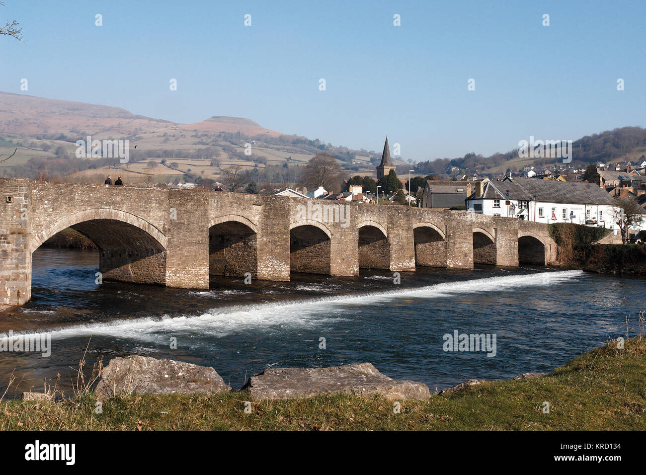 View of Crickhowell Bridge spanning the River Usk in South Powys, Wales ...
