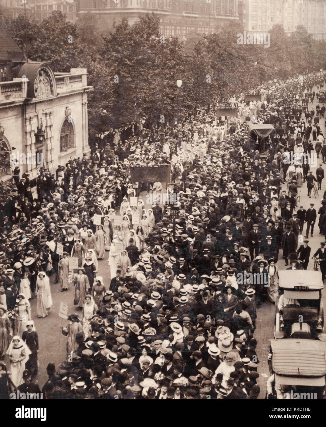 A large suffragette procession passing along the Embankment in Central ...