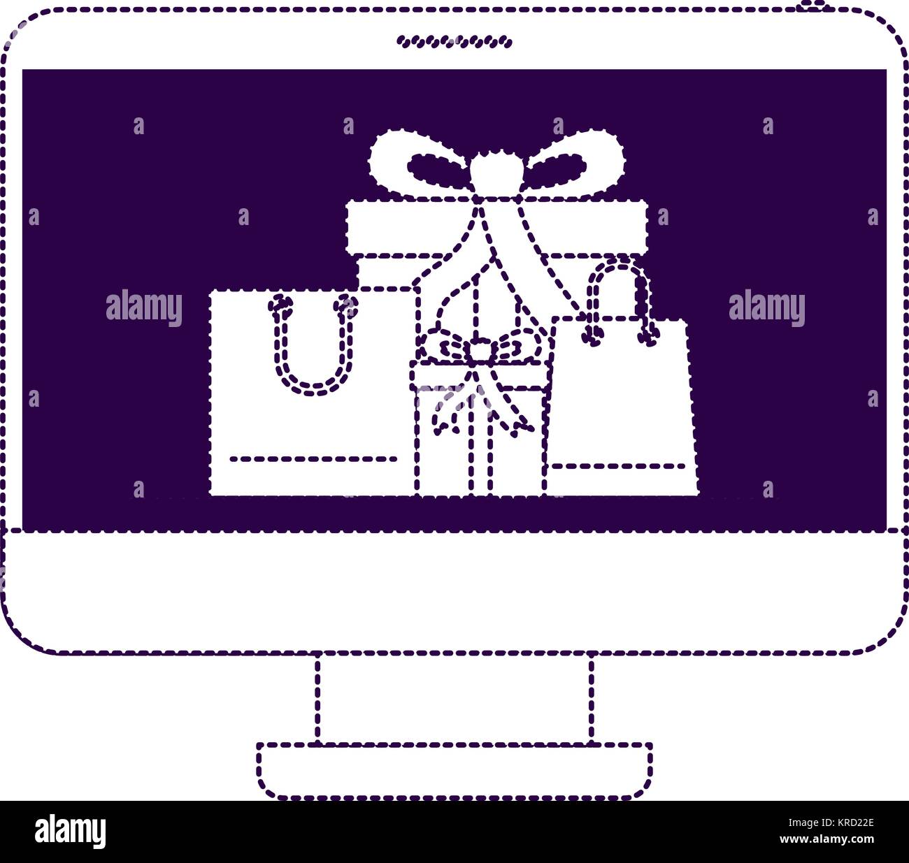 desktop computer front view with gift boxes and shopping bags in screen ...